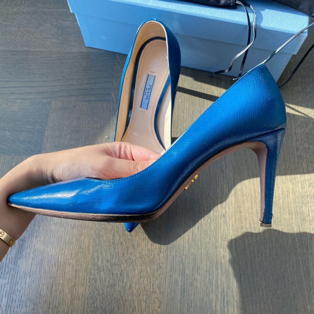 Prada Saffiano Textures Leather Pumps 85mm - Blue - Gem